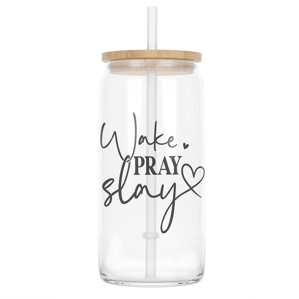 Wake Pray Slay 16oz Iced Coffee Glass Tumbler with Lid & Straw ...
