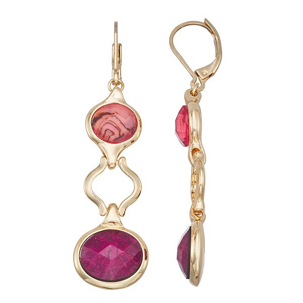 Napier Gold Tone Pink & Burgundy Linear Drop Earrings