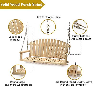 LuxenHome Natural Unfinished Wood Log Cabin Porch Swing With Chains