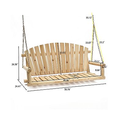 LuxenHome Natural Unfinished Wood Log Cabin Porch Swing With Chains