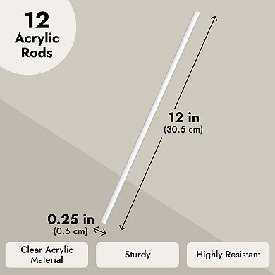 12 Pack Plastic Dowel Rods For Diy Crafts, Clear Acrylic Sticks, 0.25x12"