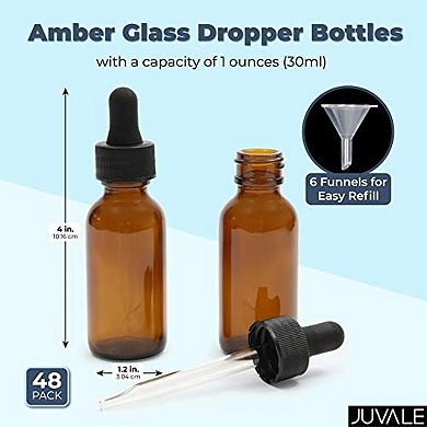 1 oz Amber Glass Dropper Bottles and 6 Funnels (30 ml, 54 Pieces)