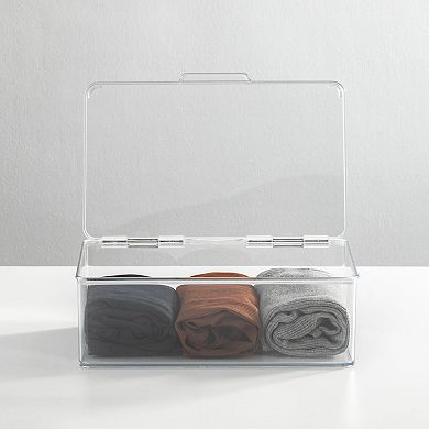 mDesign Plastic Bedroom Closet Storage Organizer Box, Hinged Lid, 2 Pack, Clear