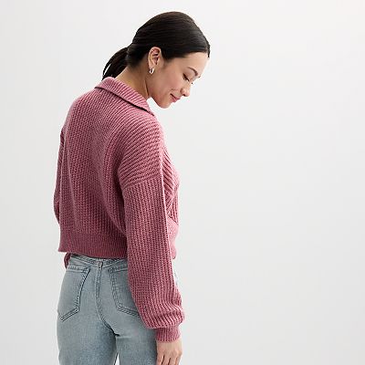 Juniors' Sugar Moon Long Sleeve Quarter Zip Solid Sweater Juniors' Sugar Moon Long Sleeve Quarter Zip Solid Sweater