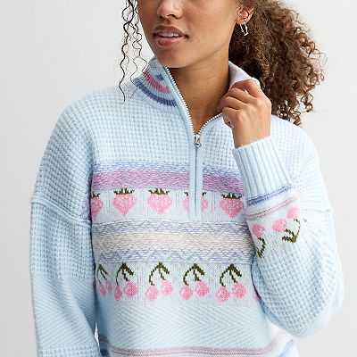 Juniors' Sugar Moon Long Sleeve Quarter Zip Jacquard Sweater Juniors' Sugar Moon Long Sleeve Quarter Zip Jacquard Sweater