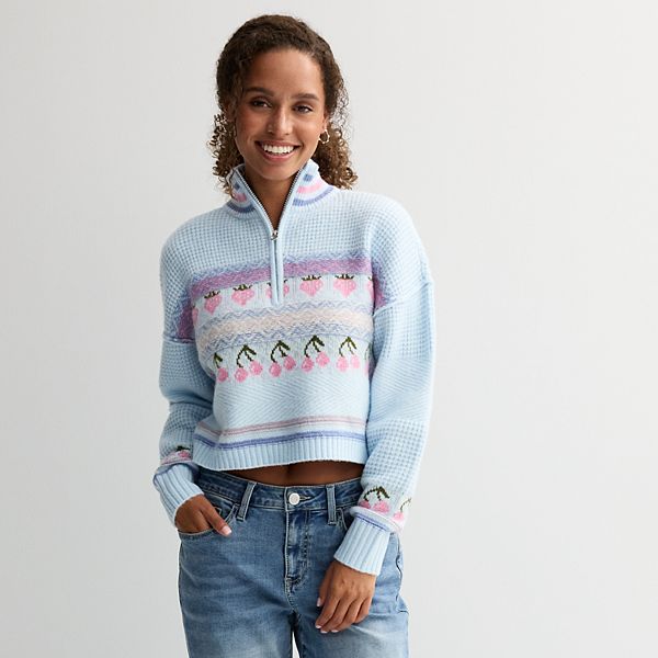 Juniors' Sugar Moon Long Sleeve Quarter Zip Jacquard Sweater Juniors' Sugar Moon Long Sleeve Quarter Zip Jacquard Sweater