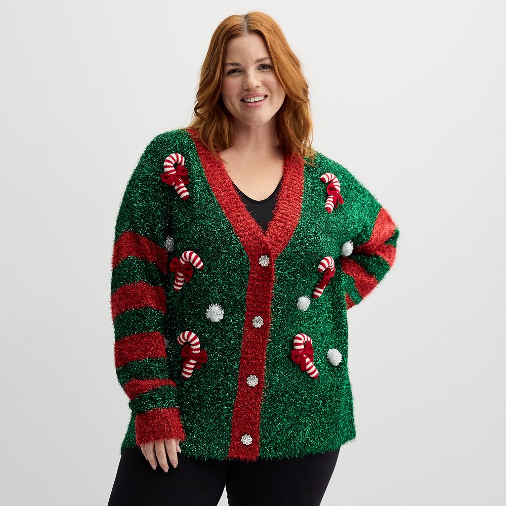Plus Size Jollidays Festive Candy Cane Holiday Cardigan