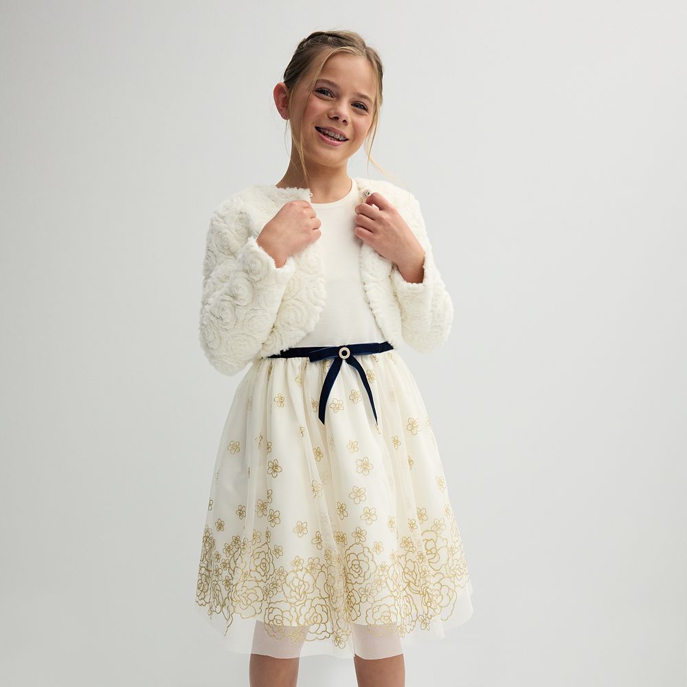 Girls 4-12 Blueberi Boulevard Rose Faux Fur Jacket & Dress Set