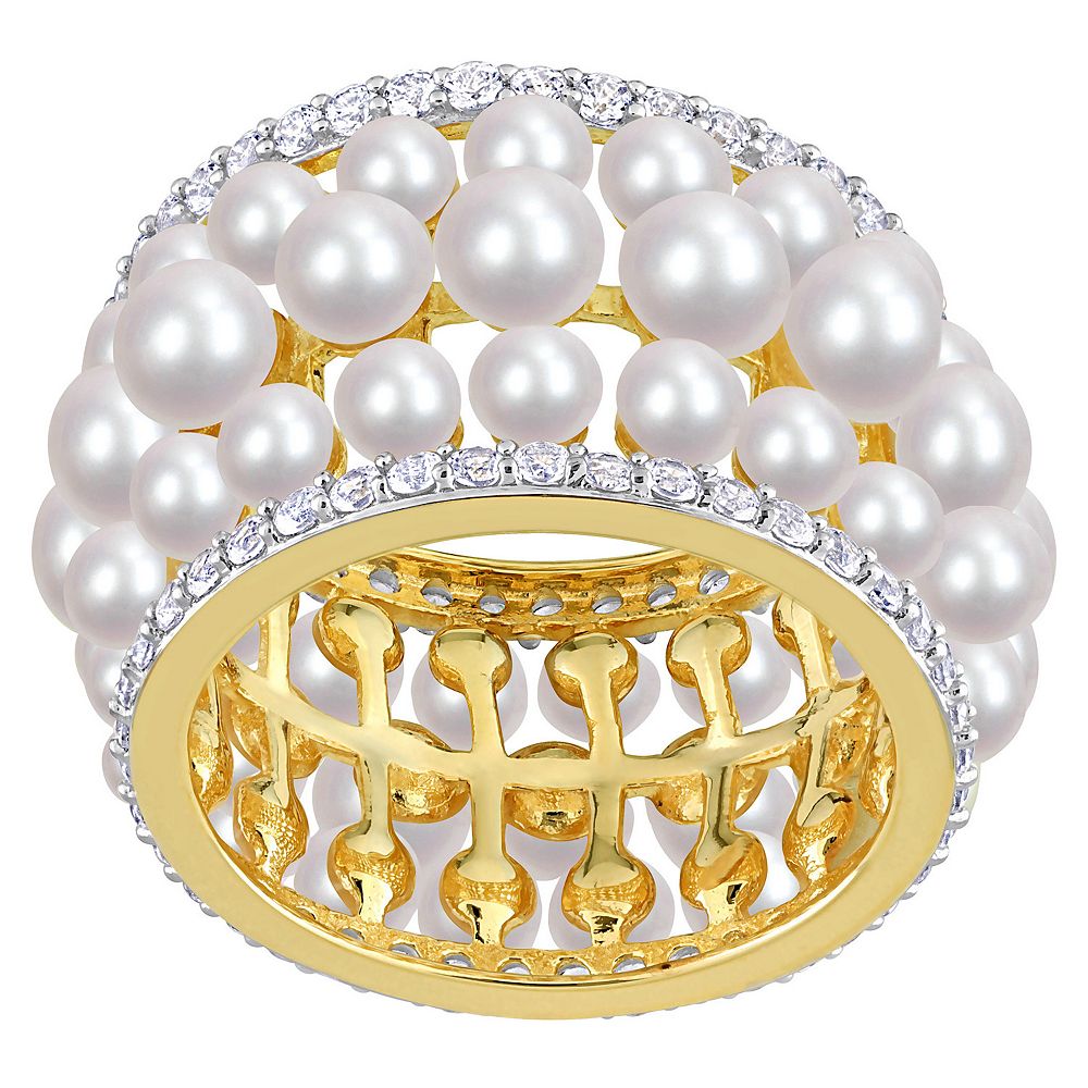 Stella Grace 18k Gold Over Silver Freshwater Cultured Pearl & Lab-Created White Sapphire 3-Row Ring