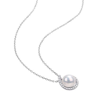 Stella Grace Sterling Silver Freshwater Cultured Pearl & Diamond Accent Halo Pendant Necklace