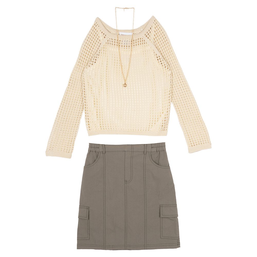Girls 7-16 Tween Diva Crochet Sweater & Utility Skirt Set