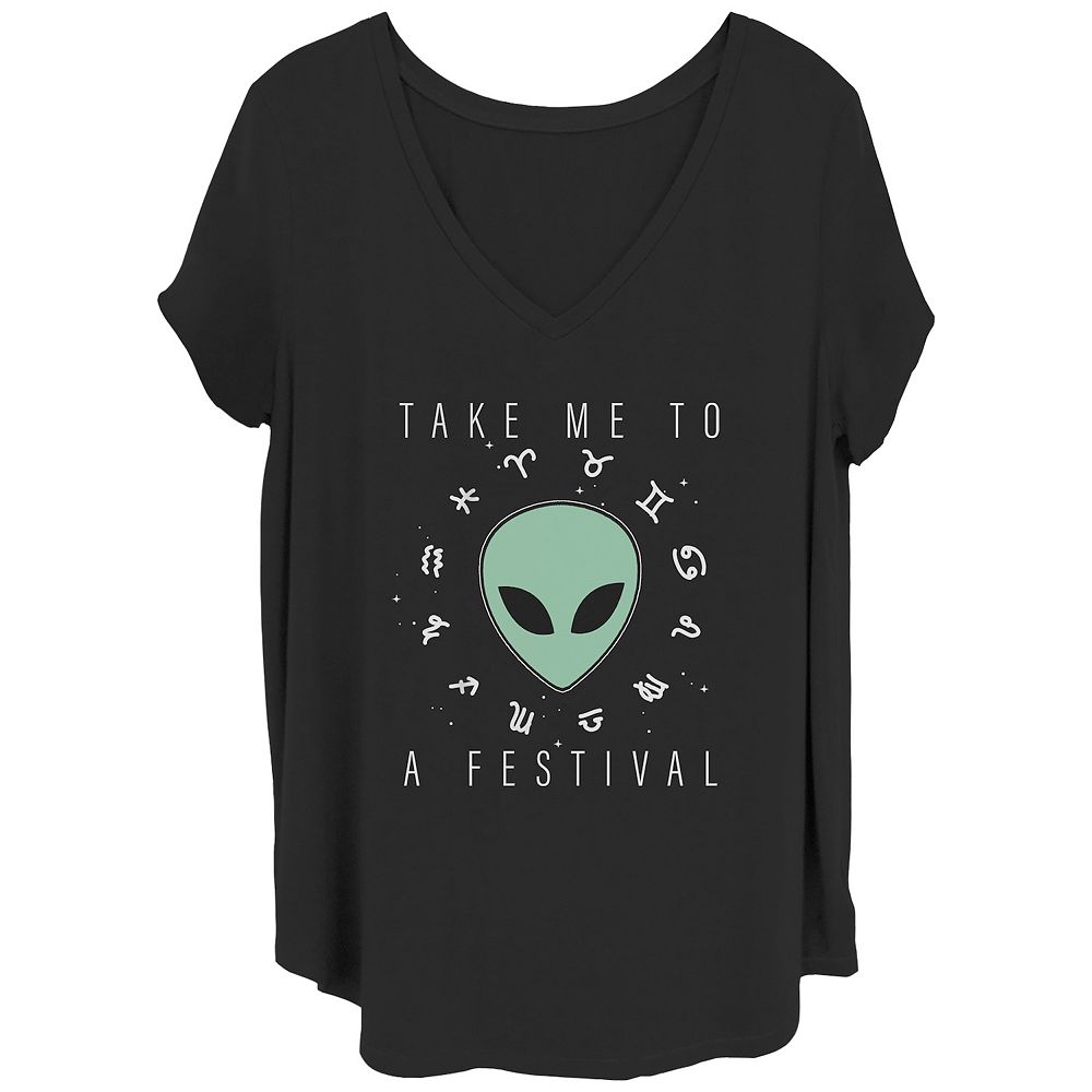 Juniors' Plus Size Alien Take Me To A Festival Graphic Tee
