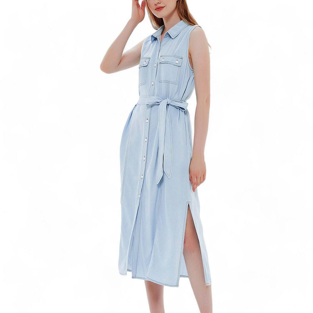 Women's Tied Waist Turn Down Collar Pocket Denim Dress