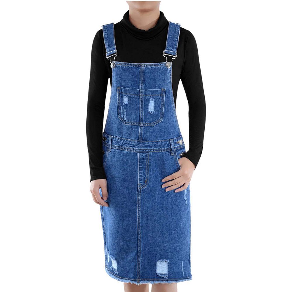 Women's Distressed Denim Overall Midi Dress