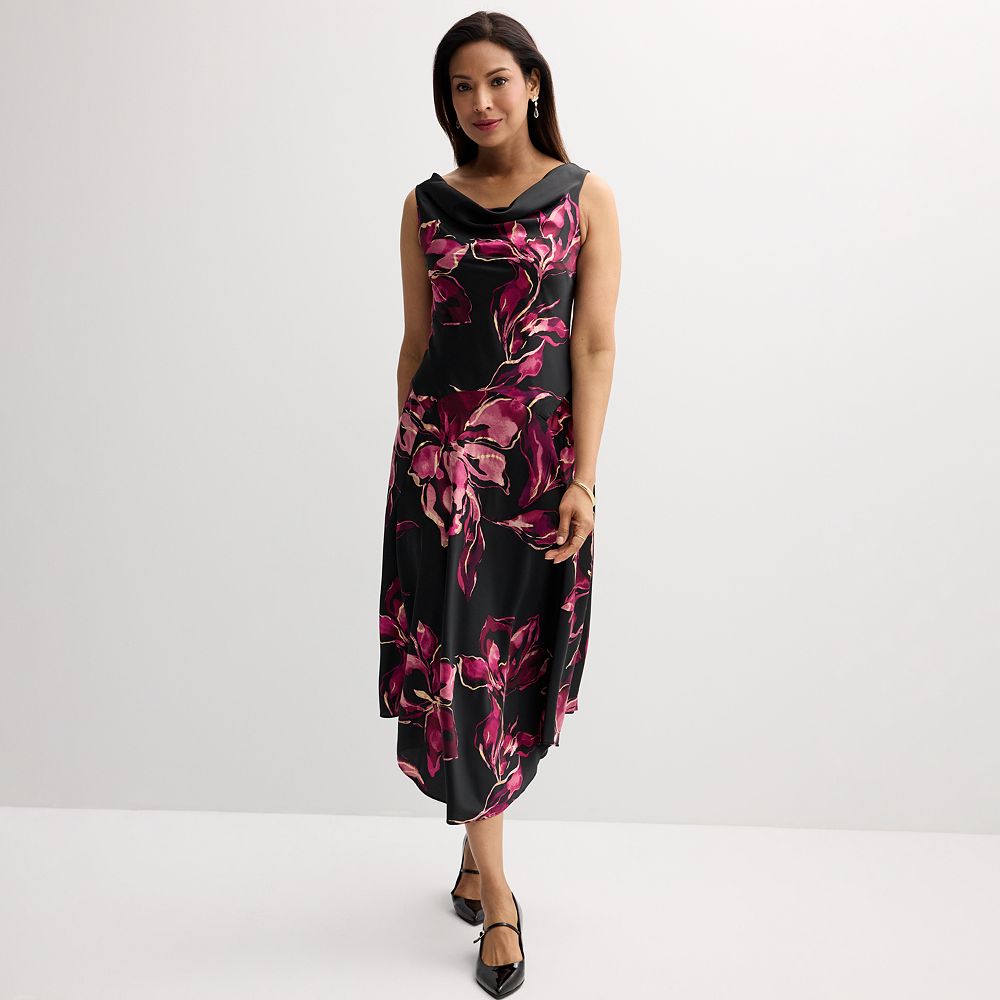 Women's Robbie Bee Drape Neck High-Low Stain Midi Dress