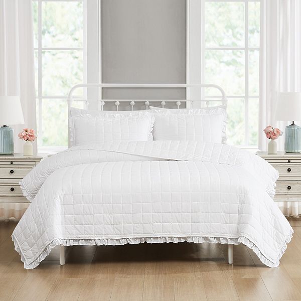 Farmhouse Ruffled Washed Cotton White Quilt & Sham Set