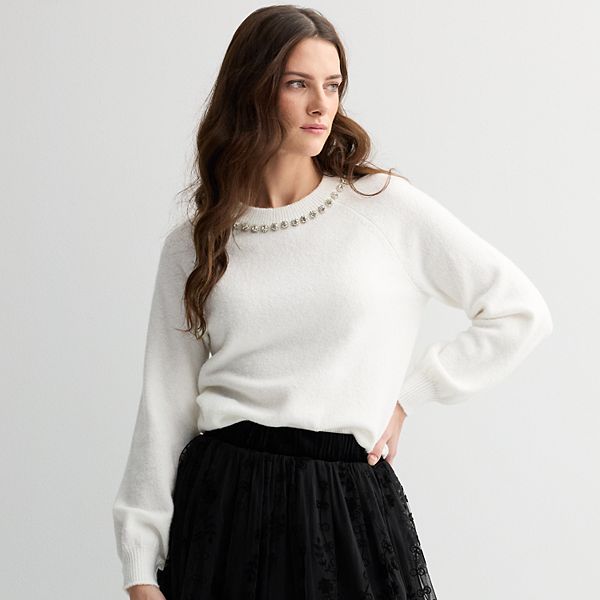 Women's Draper James Jeweled Neck Raglan Sweater
