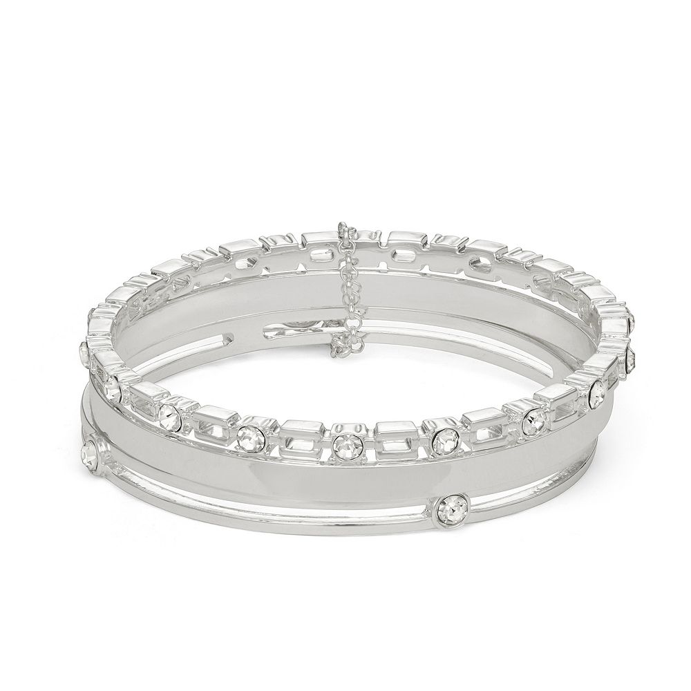 Nine West Silver Tone Crystal Bangle Bracelet Set