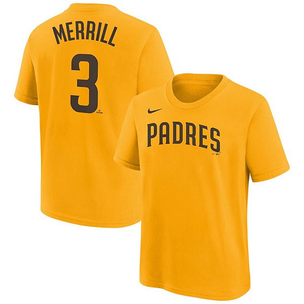Youth Nike Jackson Merrill Gold San Diego Padres Player Name & Number T ...