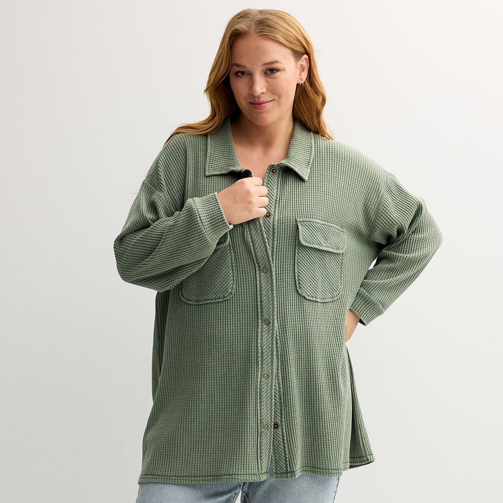 Juniors' Plus Size Rewind Waffle Button Front Shacket