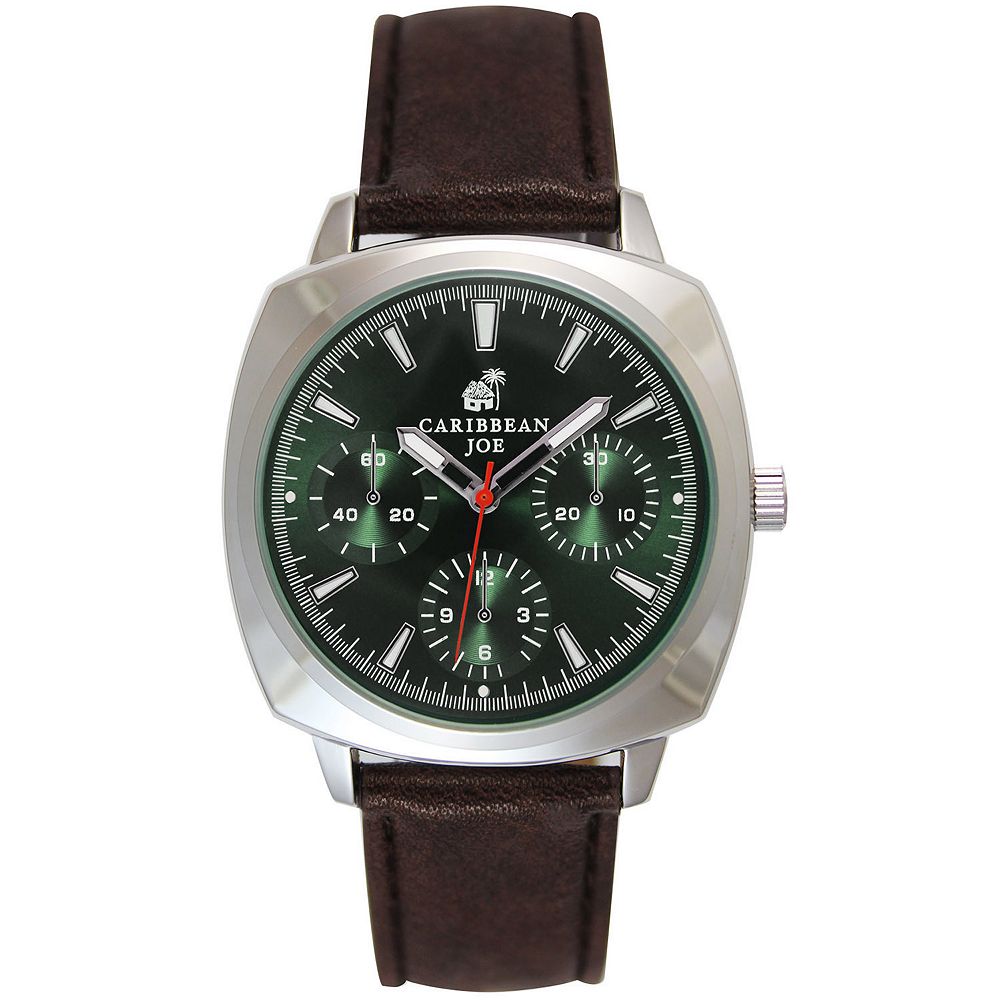 Men's Caribbean Joe Silver Tone Green Dial Brown Strap Watch