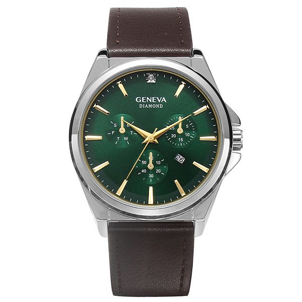 Geneva 43 mm Silver Tone Diamond Accent Green Dial Strap Watch