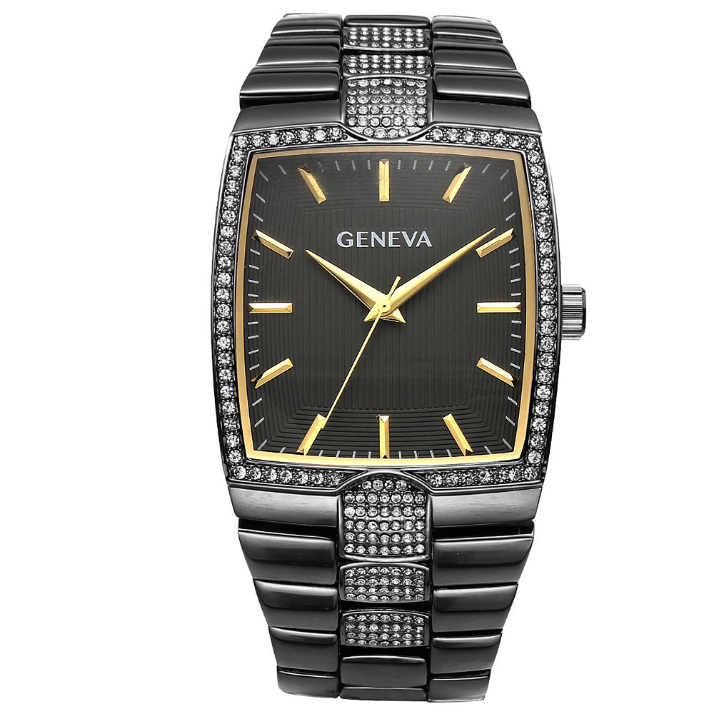 Geneva Men's Gunmetal Tonneau Crystal Bracelet Watch
