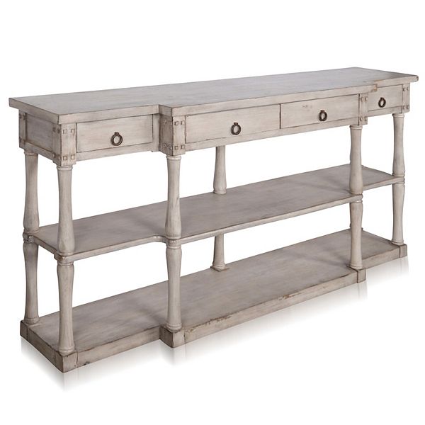 Wilshire Breakfront 3-Tier Distressed Light Grey Console Table