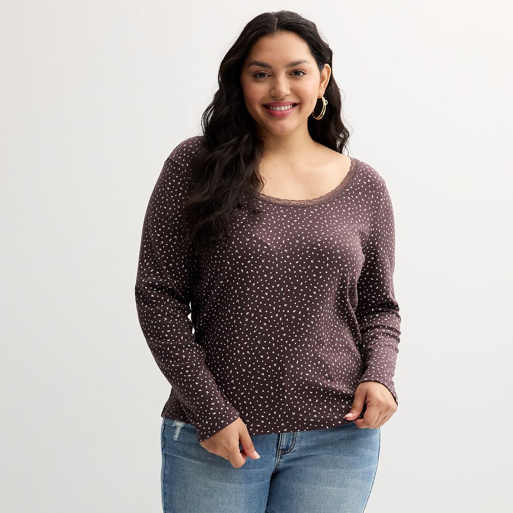 Juniors' Plus Size Pink Rose Ribbed Long Sleeve Crewneck T-Shirt