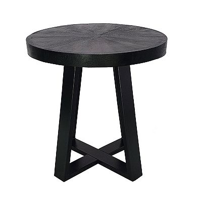 Raj 24 Inch Round Side End Table, Cross Legs Design, Black Acacia Wood Iron