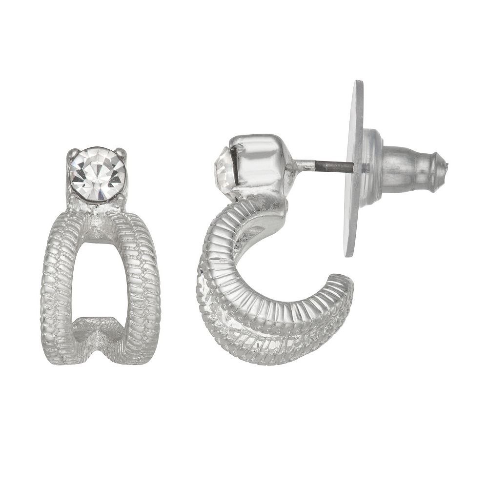 Nine West Silver Tone Crystal Huggie Hoop Earrings