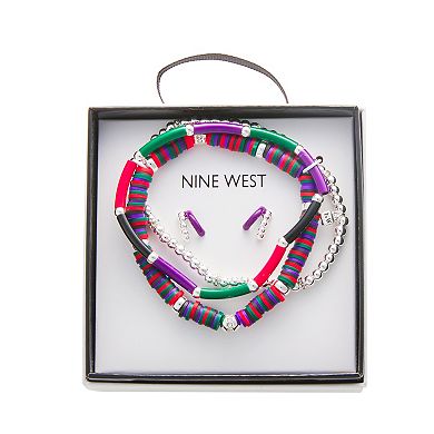 Nine West Silver Tone Color Stretch Bracelet Trio & Stud Earring Set
