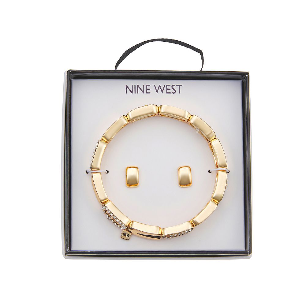 Nine West Gold Tone Rectangular Stretch Bracelet & Stud Earring Set