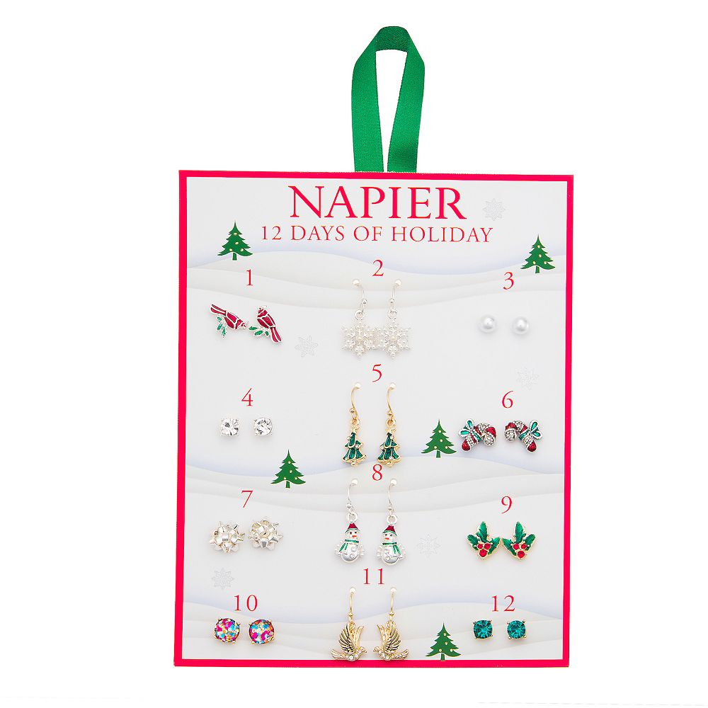 Napier Two Tone 12 Days Of Christmas Stud and Drop Earrings 12-Piece Set