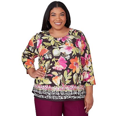Alfred Dunner Plus Women s Bold Floral Geometric Border Top Multi 3X