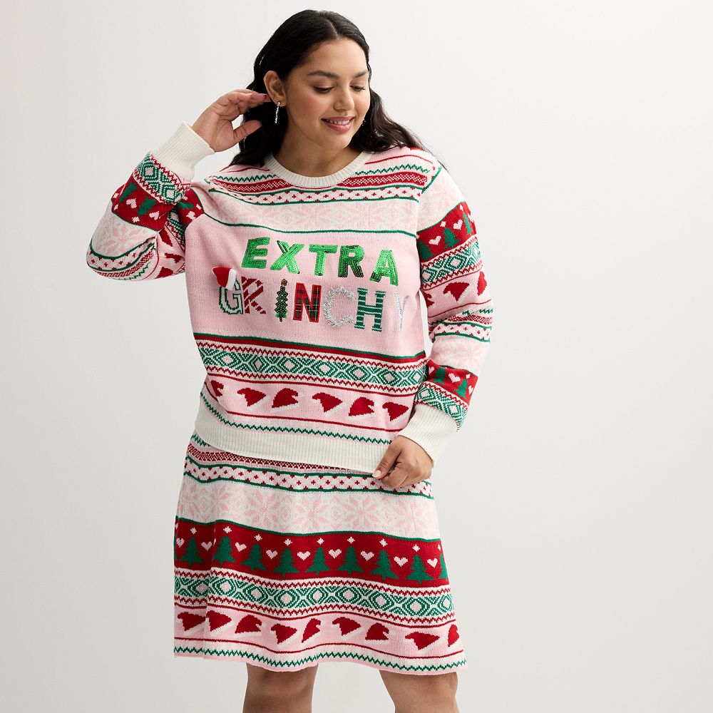 Juniors' Plus Size Born Famous 2-pc. Extra Grinchy Sweater & Skirt Set