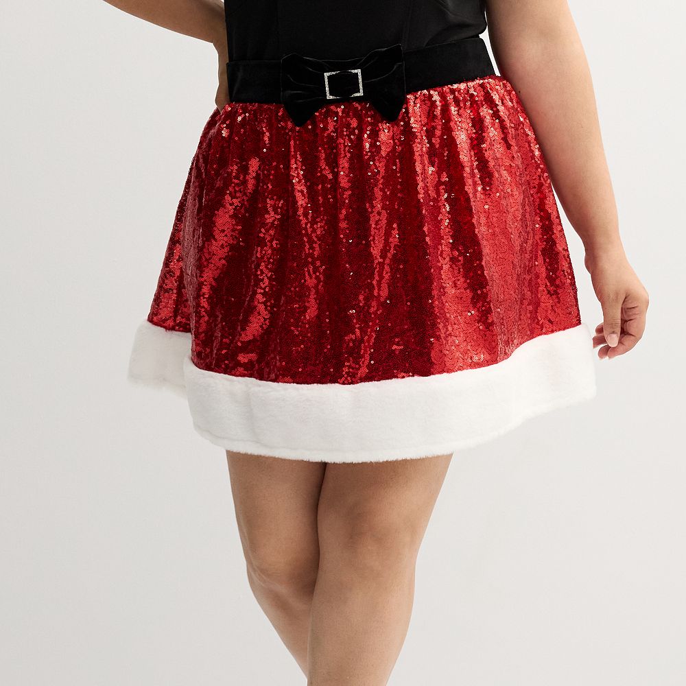 Juniors' Plus Size Born Famous Mrs. Claus Sequin Skirt