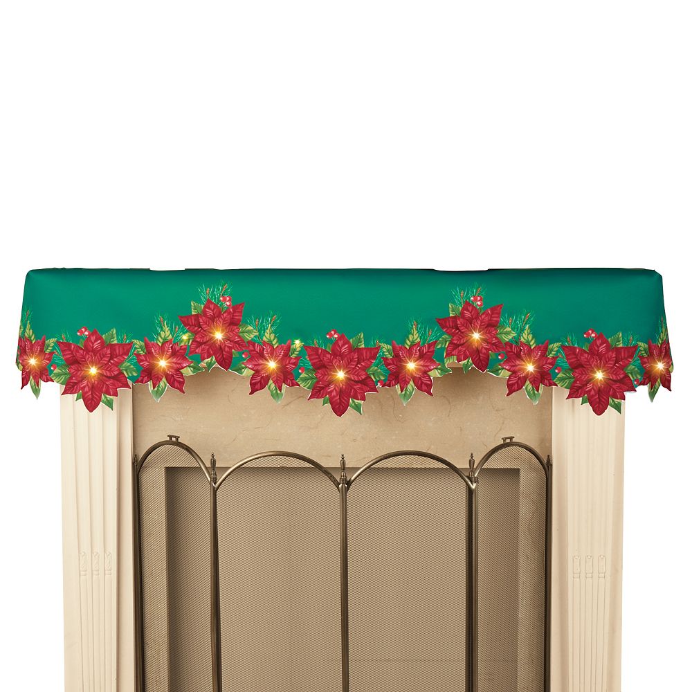 Collections Etc Embroidered Poinsettia LED Lighted Mantel Scarf Decoration