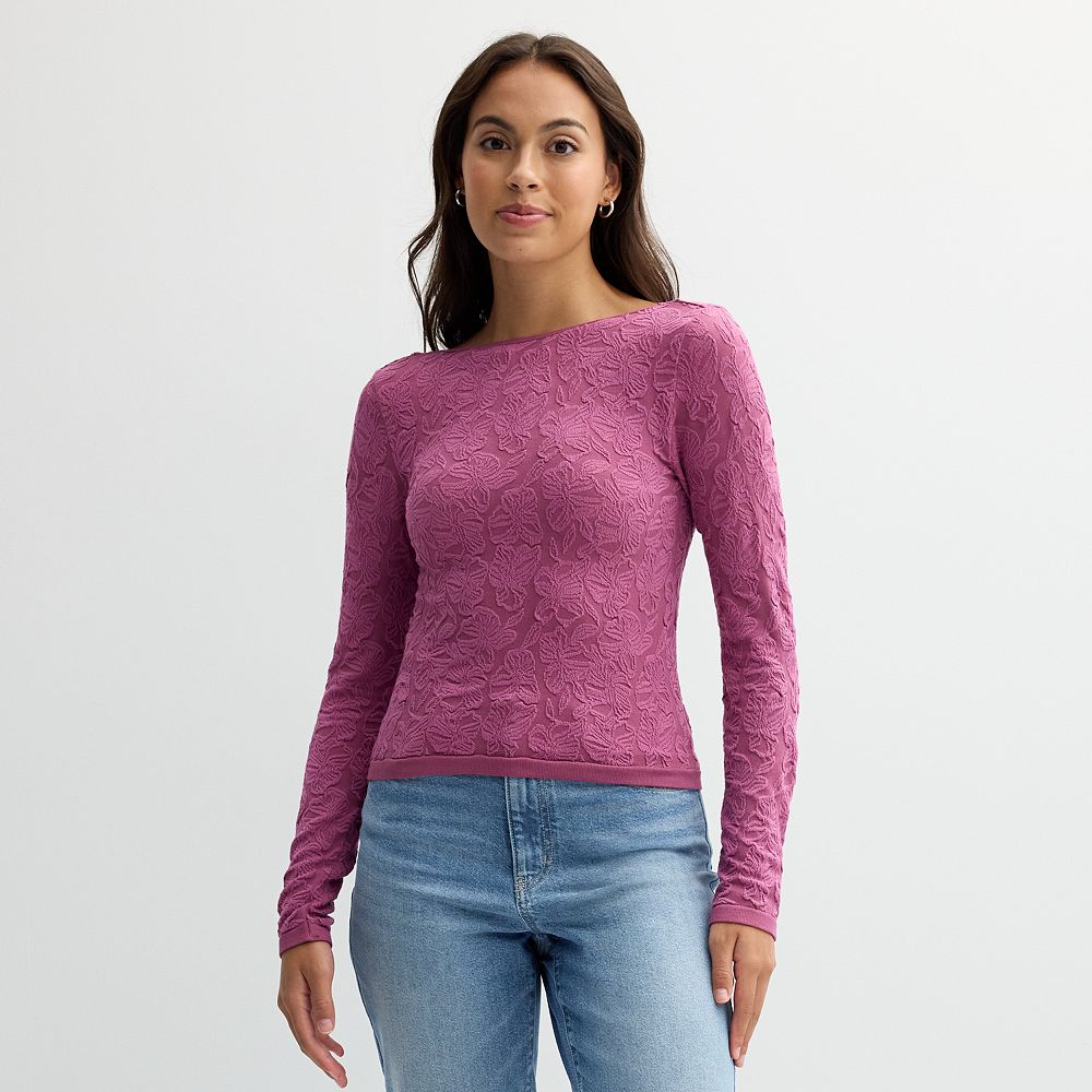 Juniors' Pink Rose Long Sleeve Seamless Top