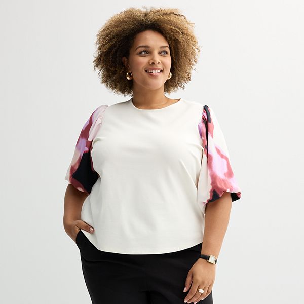 Plus Size Nine West Ponte Puff Sleeve Top