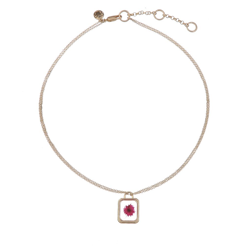 Bella Uno Worn Gold Pink Pressed Flower Padlock Double Chain Necklace