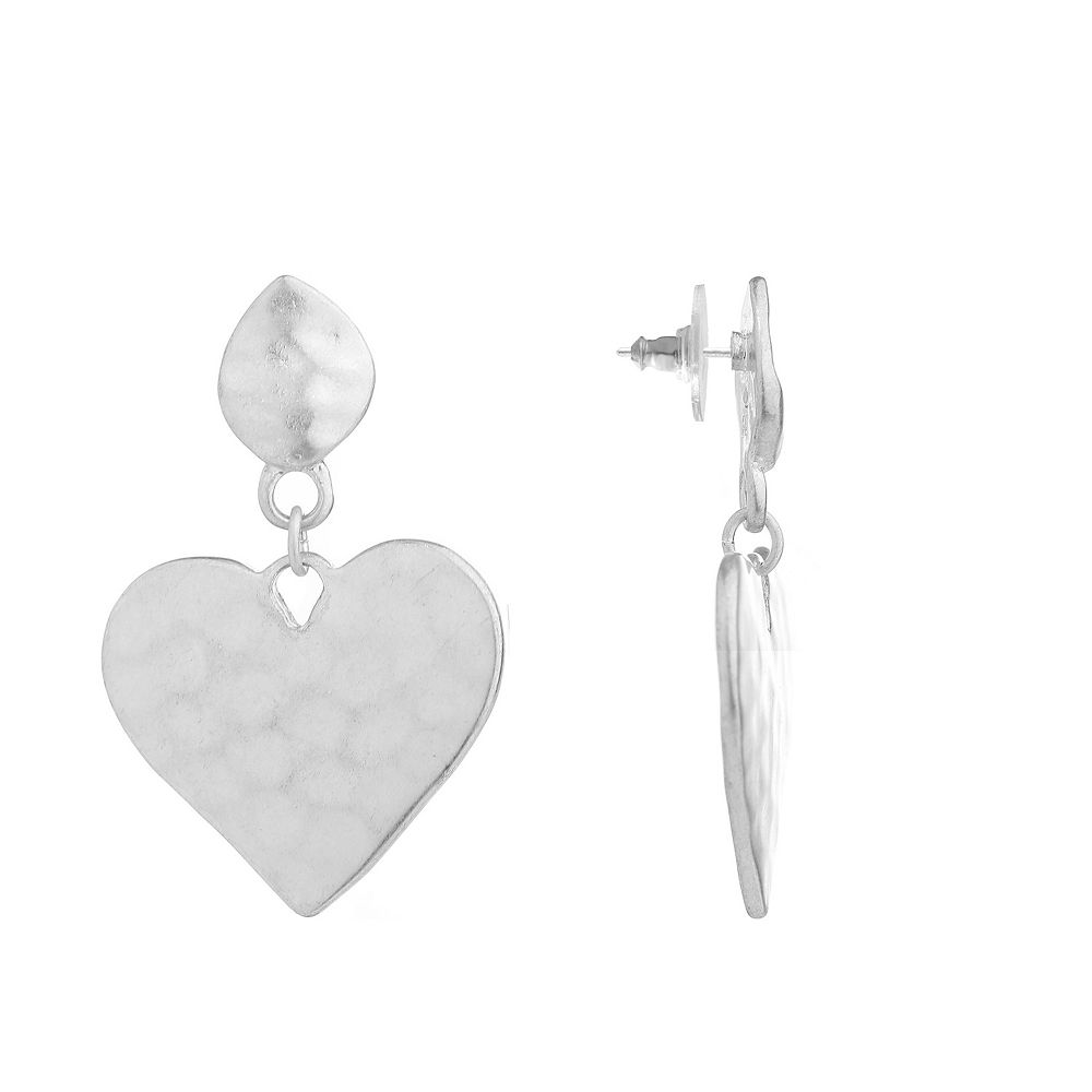Bella Uno Worn Silver Hammered Heart Dangle Post Earrings