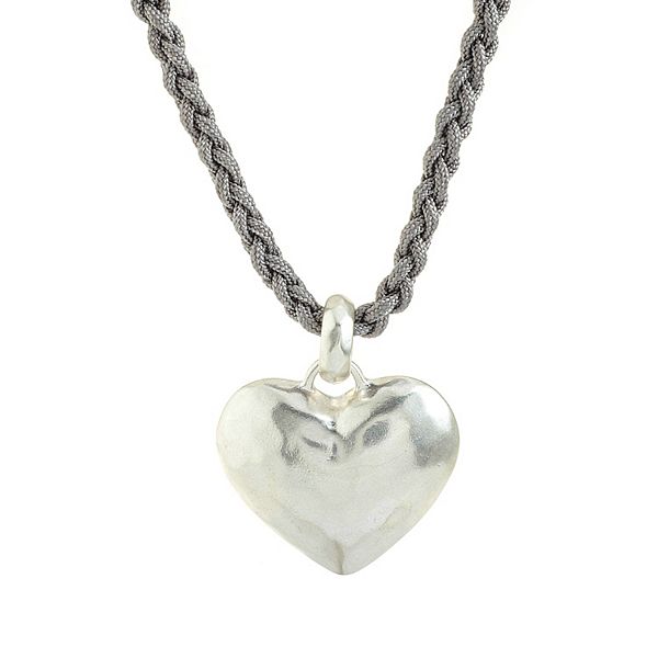 Bella Uno Worn Silver Braided Cord Hammered Metal Heart Pendant Necklace