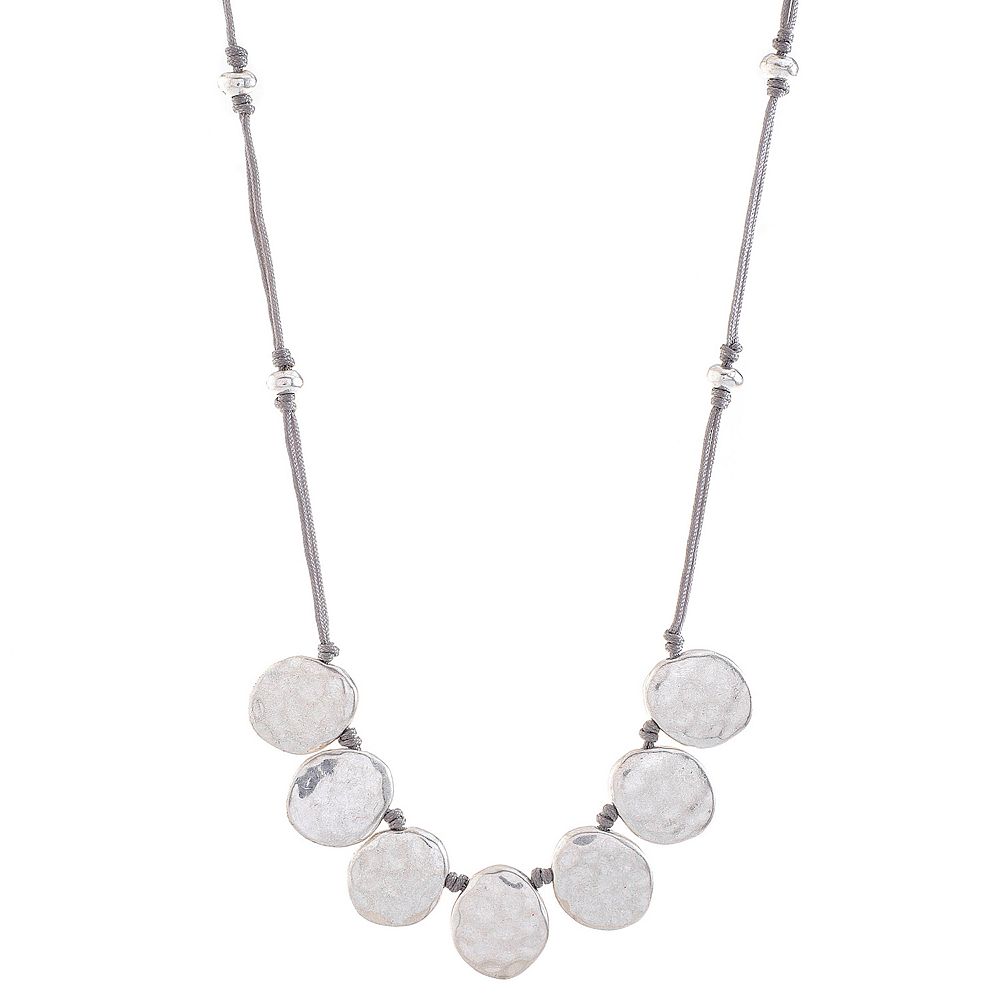Bella Uno Worn Silver Metal Disc Corded Frontal Necklace