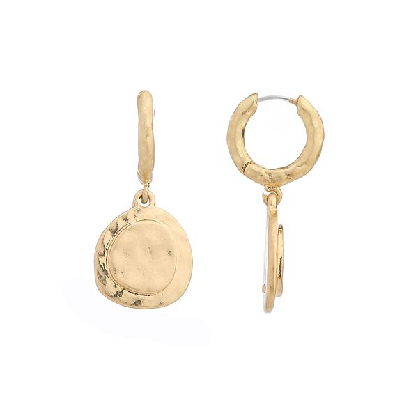 Bella Uno Worn Gold Hammered Disc Charm Hoop Earrings
