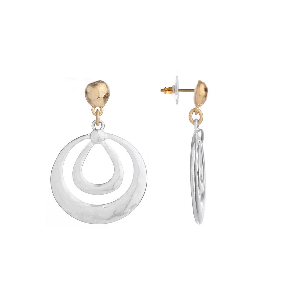 Bella Uno Worn Two-Tone Open Teardrop Post Dangle Earrings