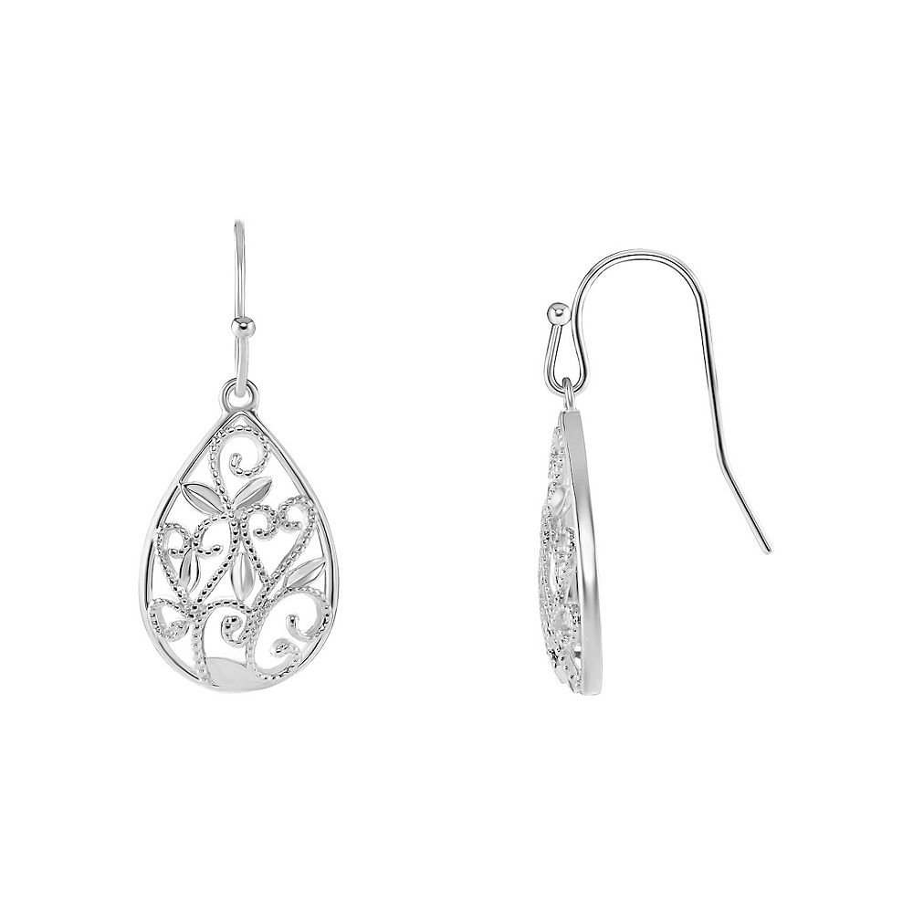PRIMROSE Silver Tone Diamond Cut Filigree Teardrop Earrings