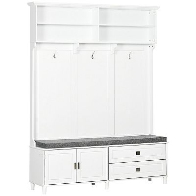 White Hall Tree Small Narrow Coat Rack Shoe Storage Entryway Furniture