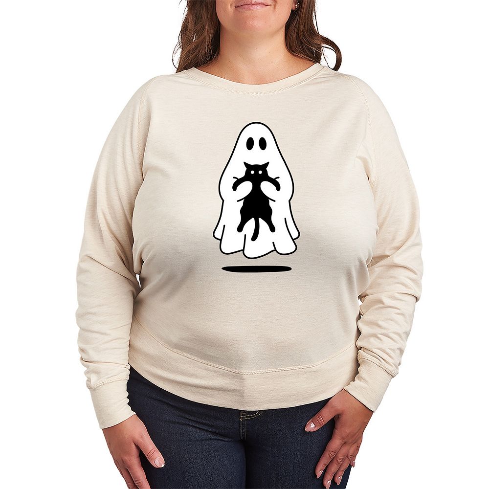 Plus Size Ghost Holding Black Cat French Terry Long Sleeve Tee