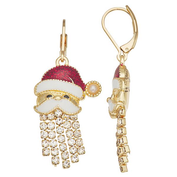 Napier Gold Tone Crystal Santa Claus Fringe Drop Earrings